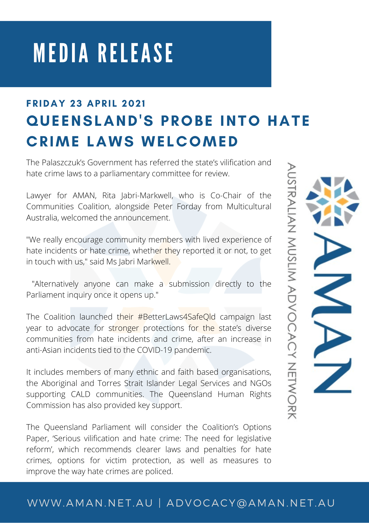 Queensland probe into hate crime laws welcomed